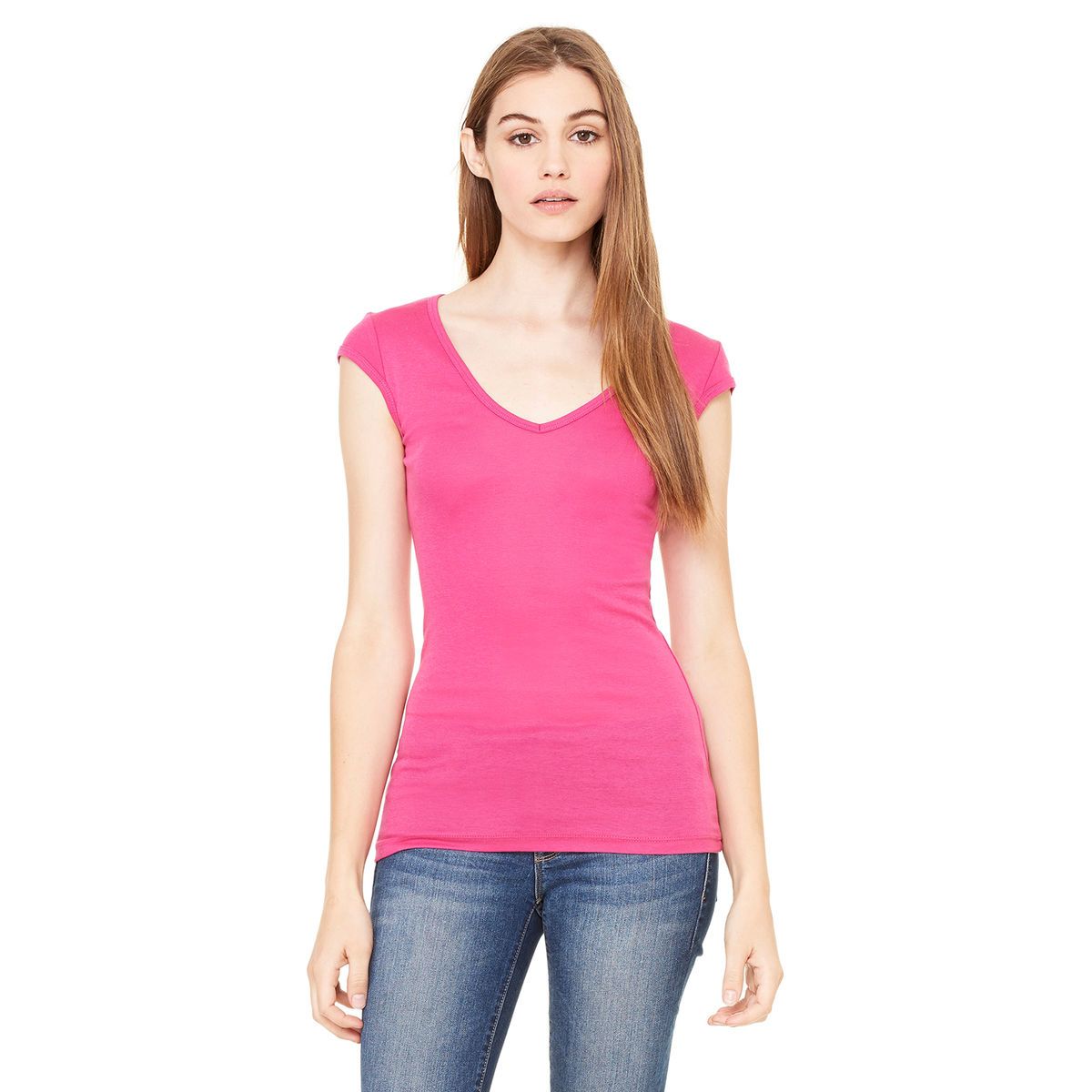 Promotional Ladies' sheer mini rib cap-sleeve deep v-neck t-shirt ...