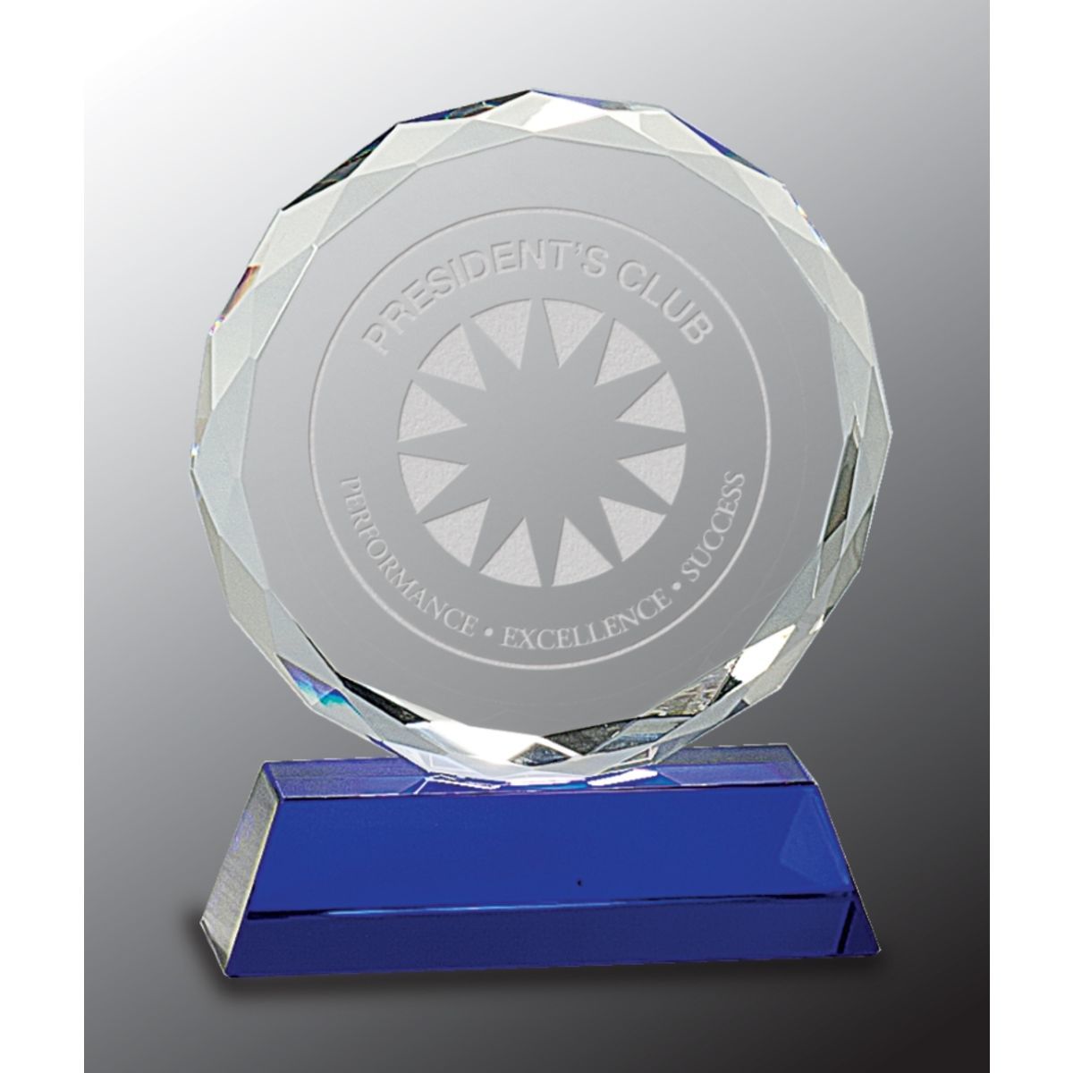 6 round facet crystal on blue pedestal base | Corporate Specialties