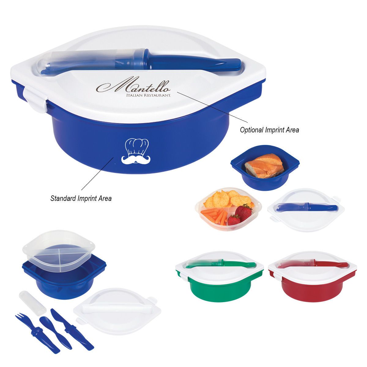 Multi-compartment food container with utensils | Corporate Specialties