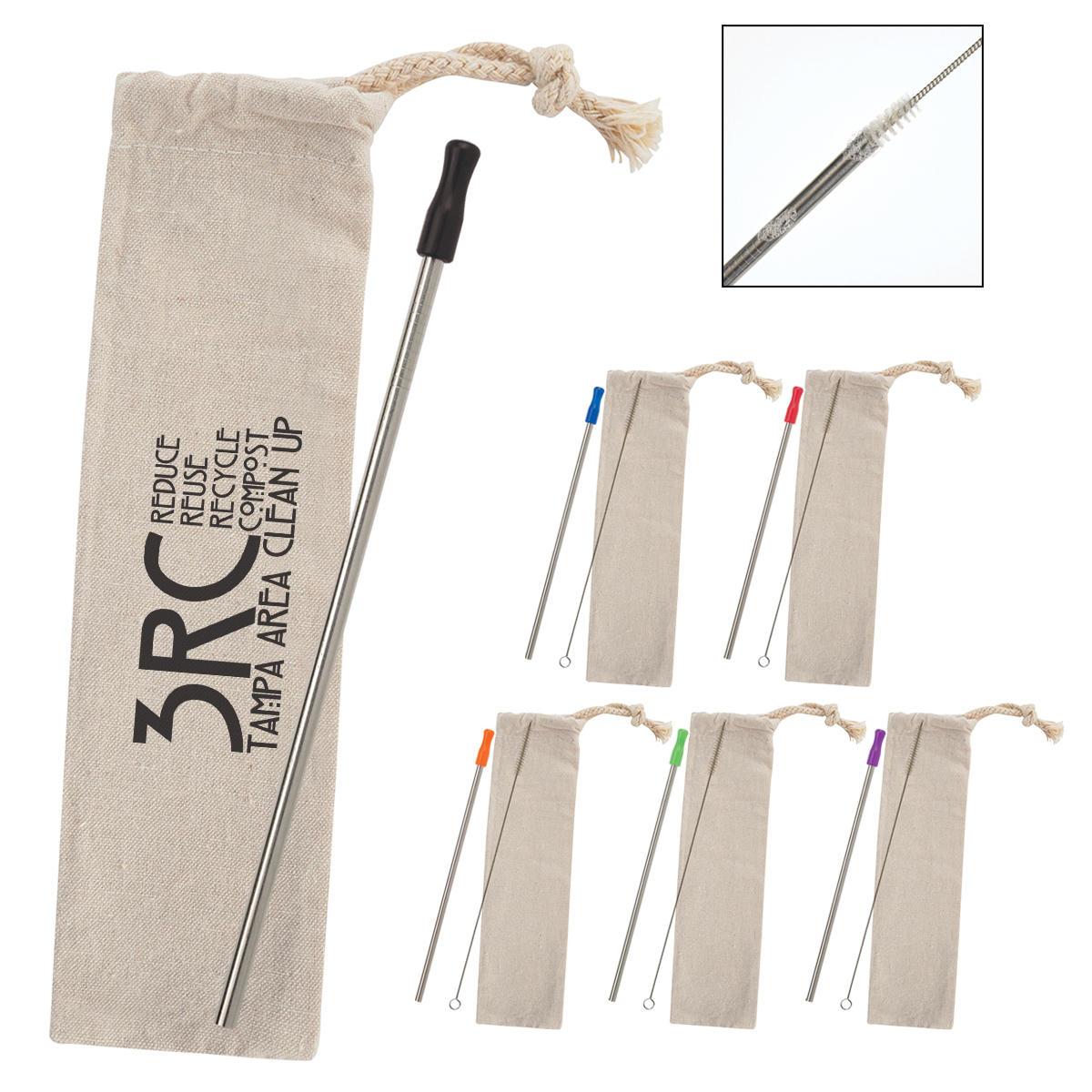 Promotional Stainless straw kit with cotton pouch Personalized With ...