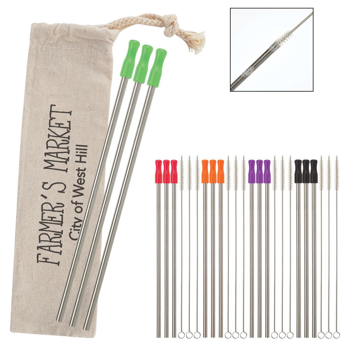 Promotional 3-pack stainless straw kit with cotton pouch Personalized ...
