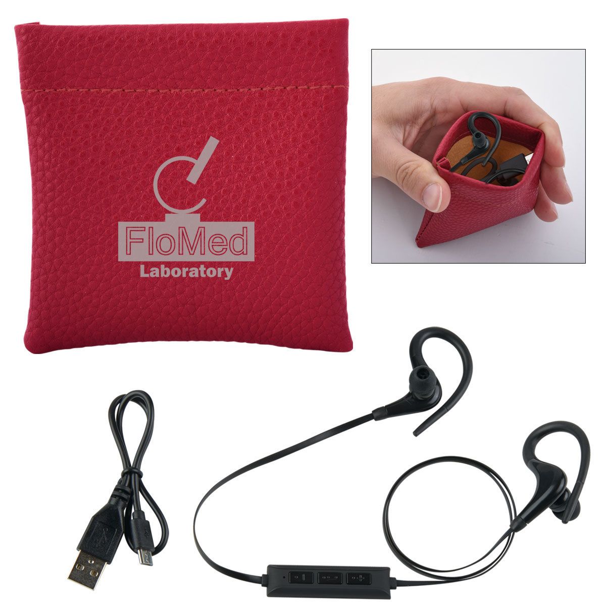 Promotional Leatherette squeeze tech pouch with wireless earbuds ...