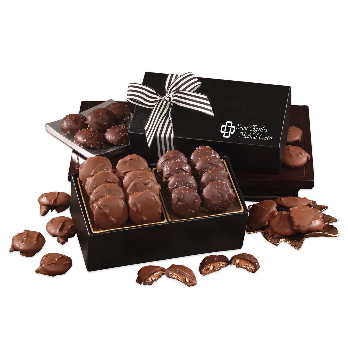 Chocolate splendor with pecan turtles sea salt almond turtles ...