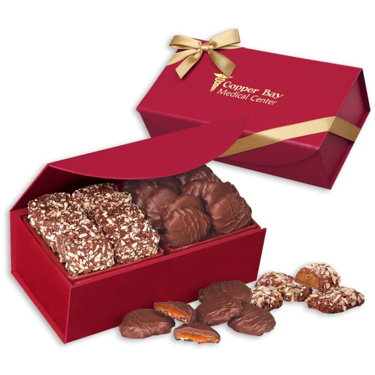 Promotional English butter toffee pecan turtles in red magnetic closure ...
