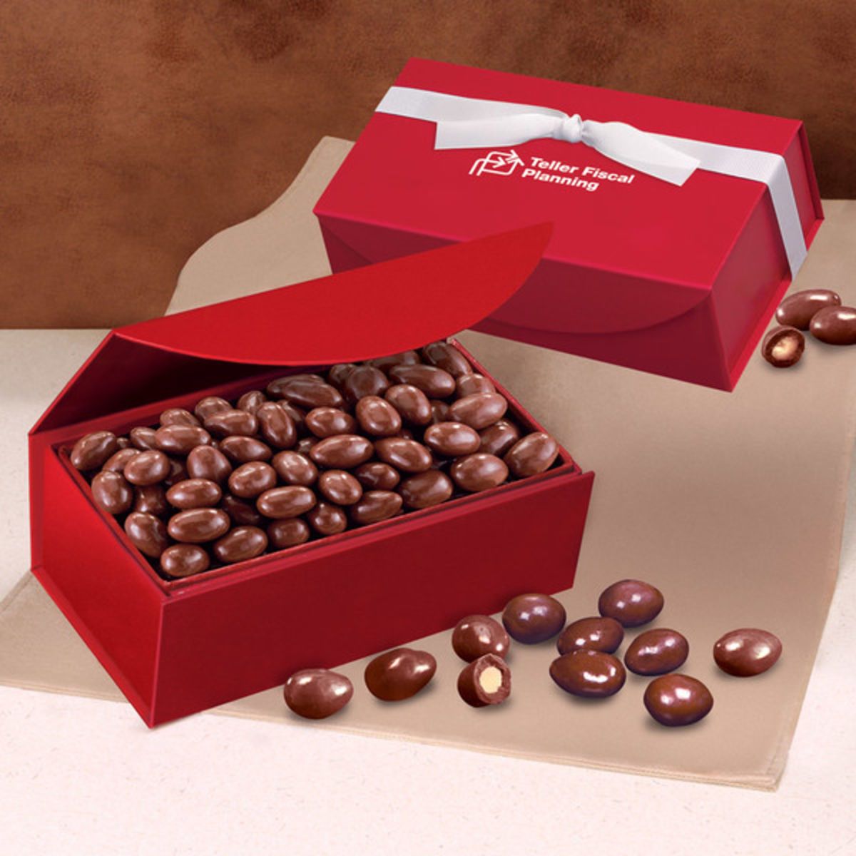 Chocolate covered almonds in red magnetic closure box | Order Swag