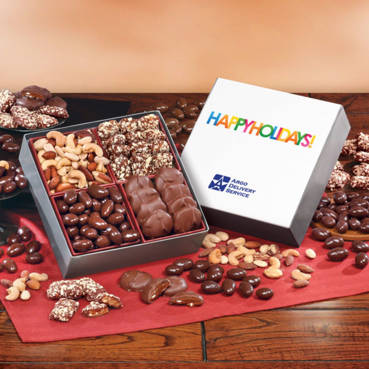 Promotional Gourmet holiday gift box with happy holidays sleeve ...
