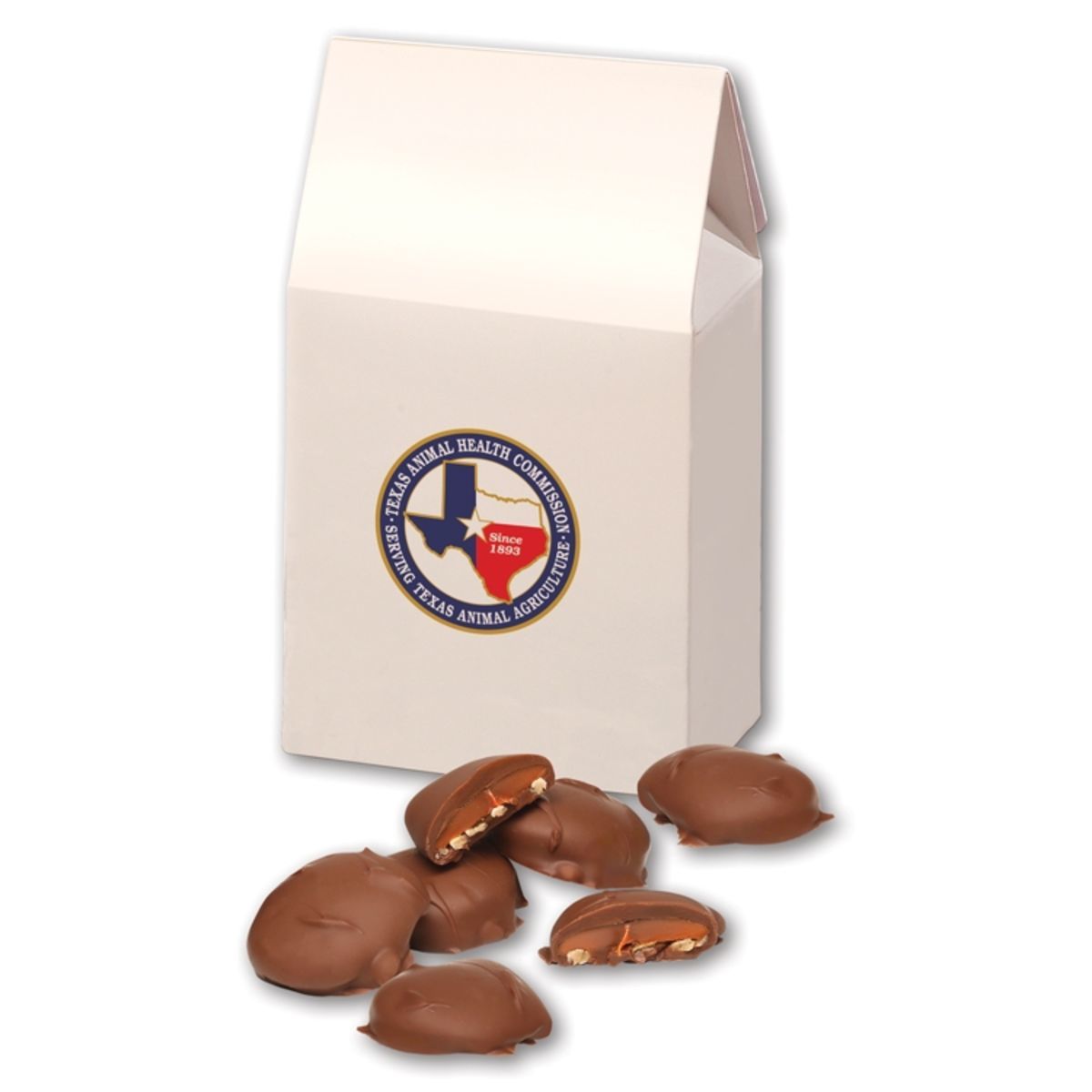 Promotional Pecan turtles in gable top gift box with full color imprint ...