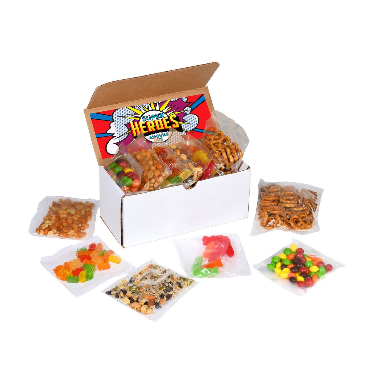 6 pack sweet and salty snack box with label | Coggins Promo