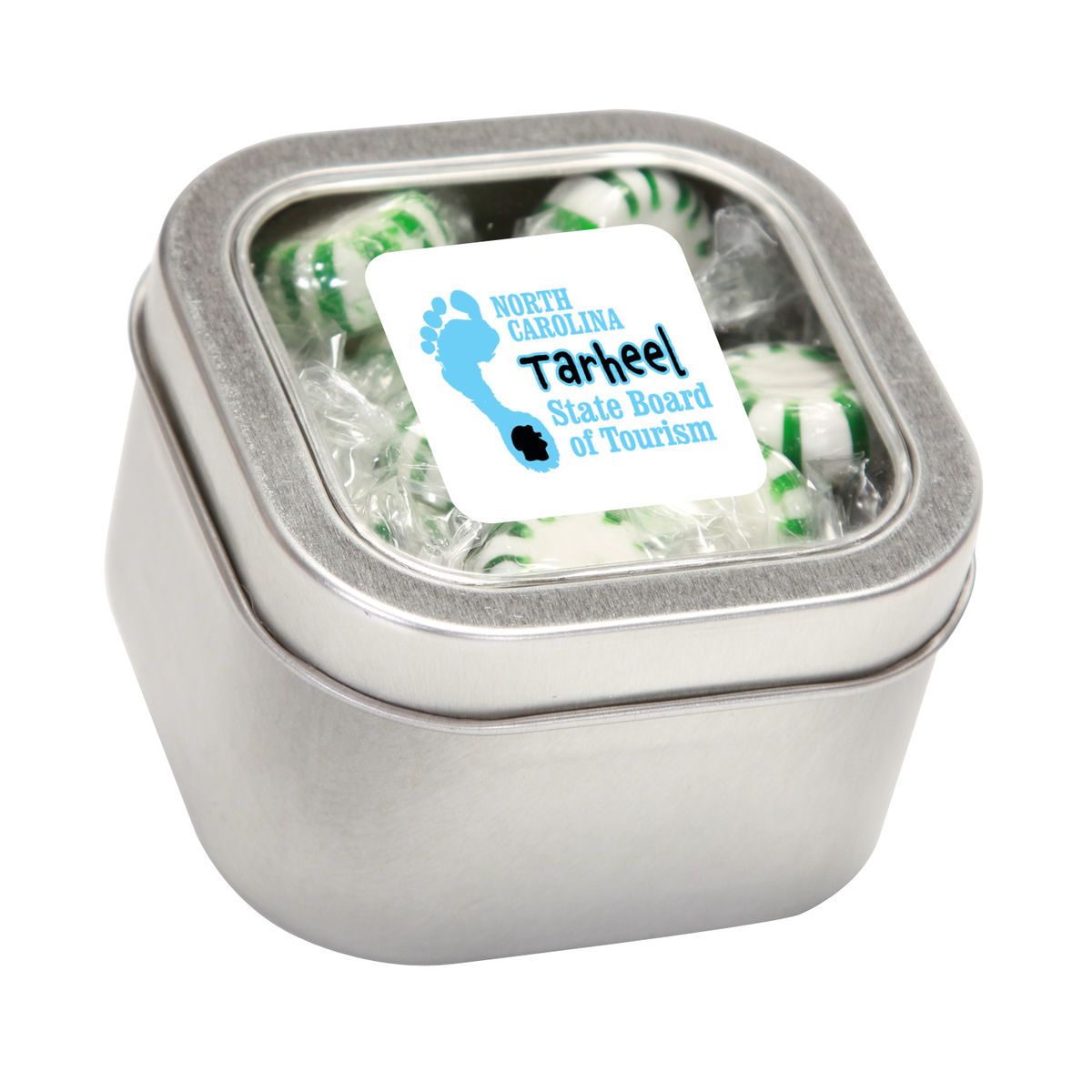 Promotional Striped spearmints in lg square window tin Personalized ...
