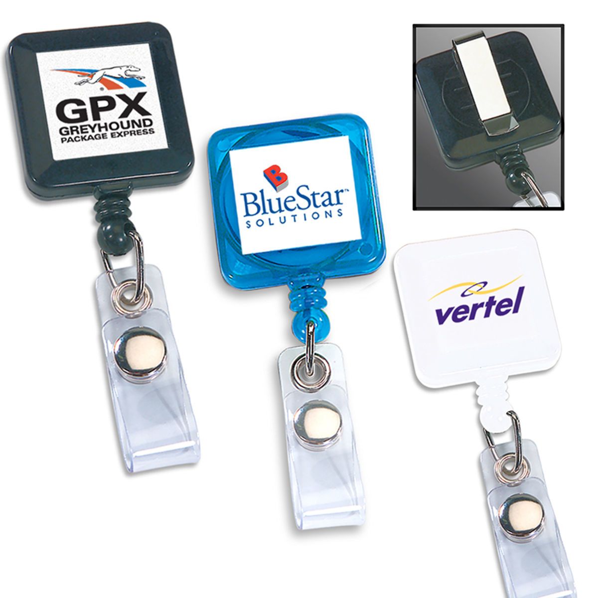 Square retract-a-badge reel | SWAGBOX.COM