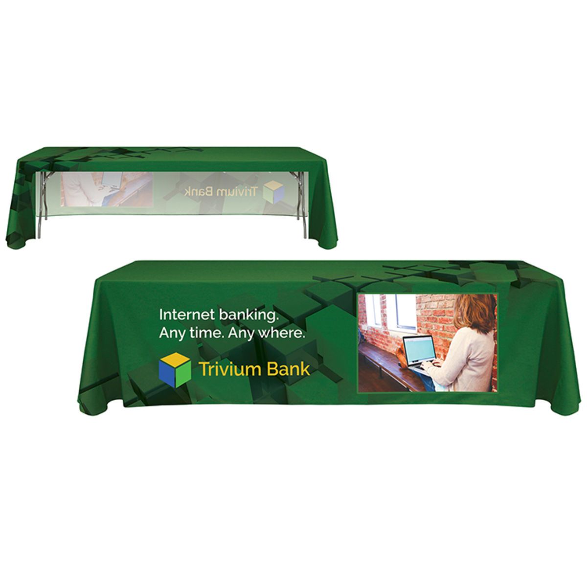 8' customized open back throw style table cover | Order Swag