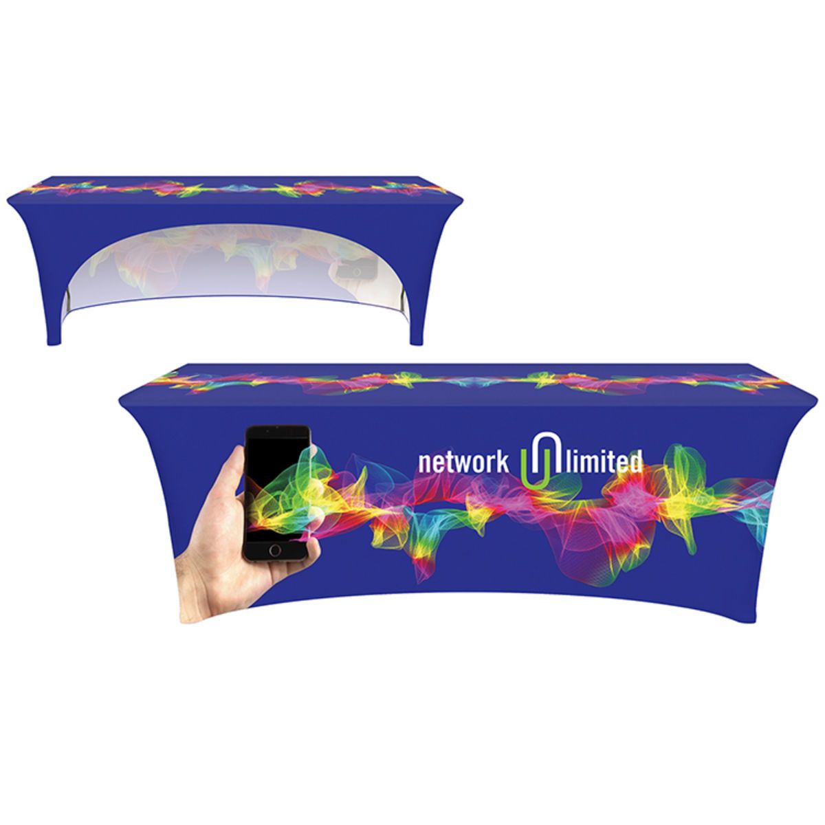 8' customized open back stretch style table cover | Corporate Specialties