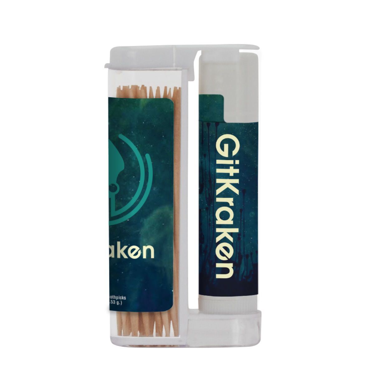 Promotional Wooden toothpicks in a rectangular flip-top duo w natural lip moisturizer ...